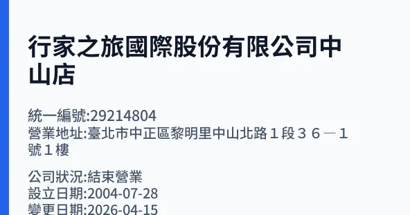 行家之旅國際股份有限公司中山店的照片-統編 29214804(臺北市) 公司登記資料與營業項目詳細圖表