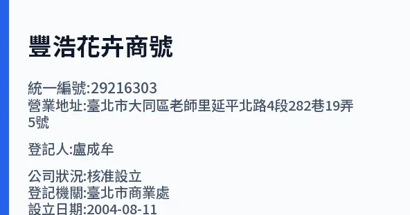 豐浩花卉商號的照片-統編 29216303(臺北市) 公司登記資料與營業項目詳細圖表