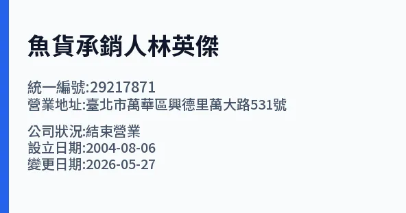 魚貨承銷人林英傑的照片-統編 29217871(臺北市) 公司登記資料與營業項目詳細圖表
