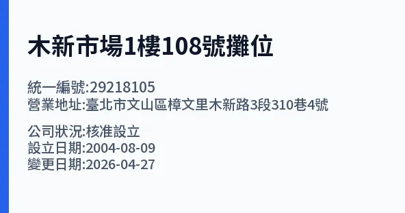 木新市場1樓108號攤位的照片-統編 29218105(臺北市) 公司登記資料與營業項目詳細圖表