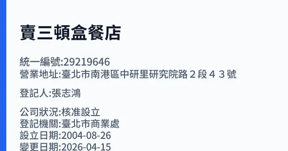 賣三頓盒餐店的照片-統編 29219646(臺北市) 公司登記資料與營業項目詳細圖表