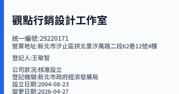 觀點行銷設計工作室的照片-統編 29220171(新北市) 公司登記資料與營業項目詳細圖表