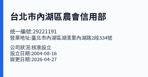 台北市內湖區農會信用部的照片-統編 29221191(臺北市) 公司登記資料與營業項目詳細圖表