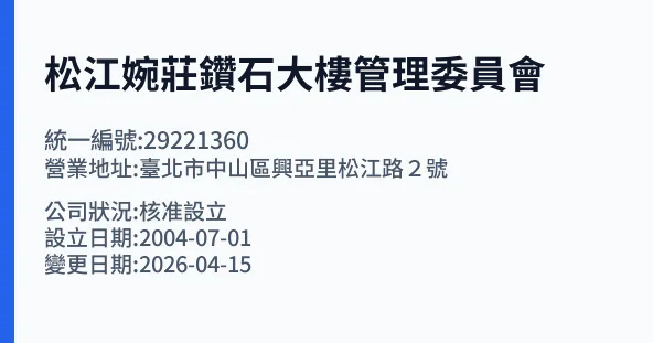 松江婉莊鑽石大樓管理委員會的照片-統編 29221360(臺北市) 公司登記資料與營業項目詳細圖表
