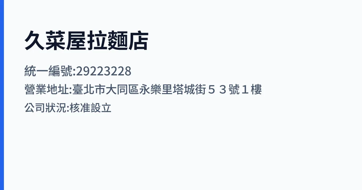 久菜屋拉麵店 - 統編 29223228(臺北市) 公司登記資料與營業項目詳細圖表