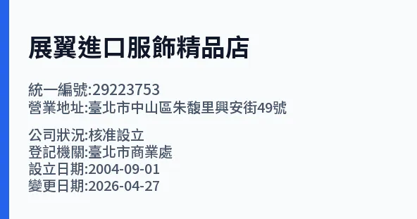 展翼進口服飾精品店的照片-統編 29223753(臺北市) 公司登記資料與營業項目詳細圖表