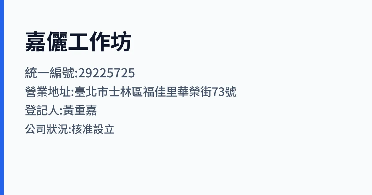 嘉儷工作坊 - 統編 29225725(臺北市) 公司登記資料與營業項目詳細圖表