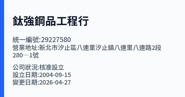 鈦強鋼品工程行的照片-統編 29227580(新北市) 公司登記資料與營業項目詳細圖表