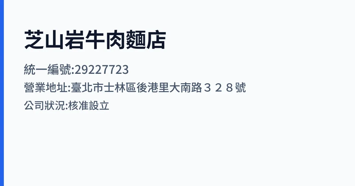 芝山岩牛肉麵店 - 統編 29227723(臺北市) 公司登記資料與營業項目詳細圖表