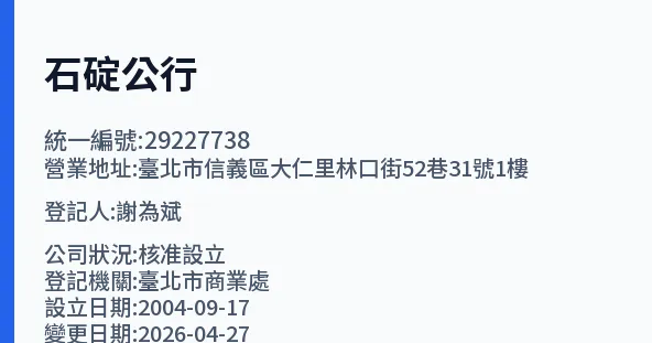 石碇公行的照片-統編 29227738(臺北市) 公司登記資料與營業項目詳細圖表