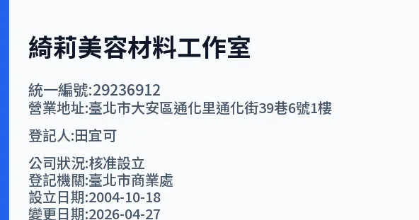 綺莉美容材料工作室的照片-統編 29236912(臺北市) 公司登記資料與營業項目詳細圖表