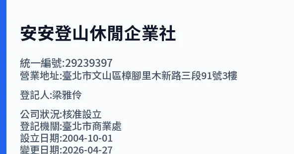 安安登山休閒企業社的照片-統編 29239397(臺北市) 公司登記資料與營業項目詳細圖表