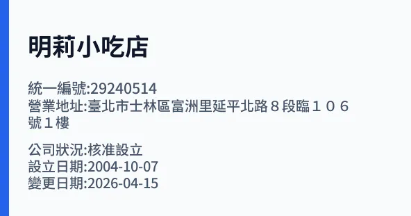 明莉小吃店的照片-統編 29240514(臺北市) 公司登記資料與營業項目詳細圖表