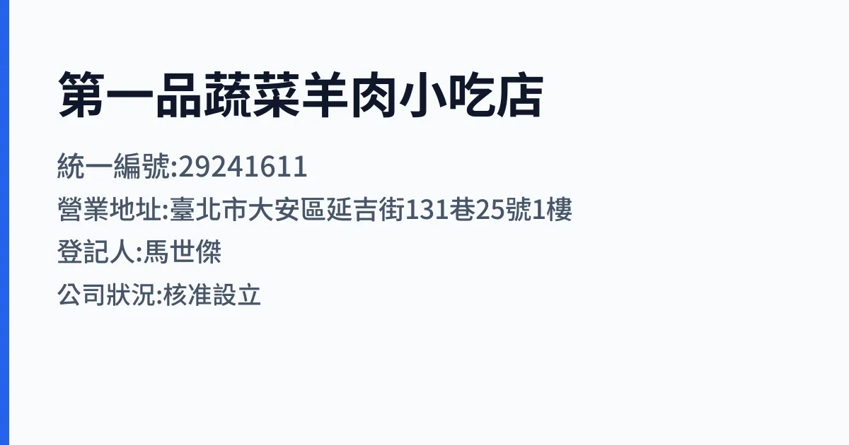 第一品蔬菜羊肉小吃店 - 統編 29241611(臺北市) 公司登記資料與營業項目詳細圖表