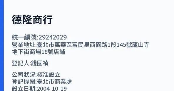 德隆商行的照片-統編 29242029(臺北市) 公司登記資料與營業項目詳細圖表