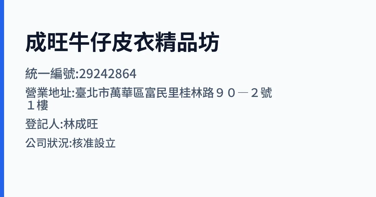 成旺牛仔皮衣精品坊 - 統編 29242864(臺北市) 公司登記資料與營業項目詳細圖表