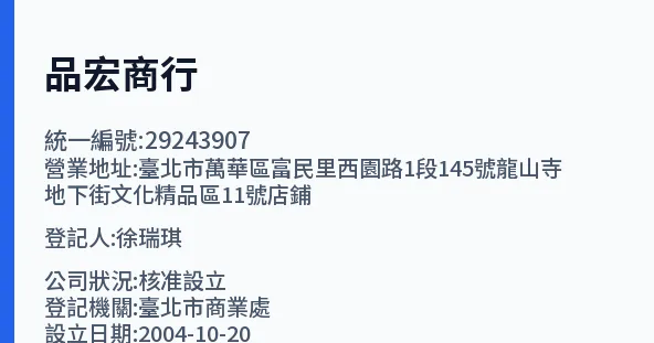 品宏商行的照片-統編 29243907(臺北市) 公司登記資料與營業項目詳細圖表