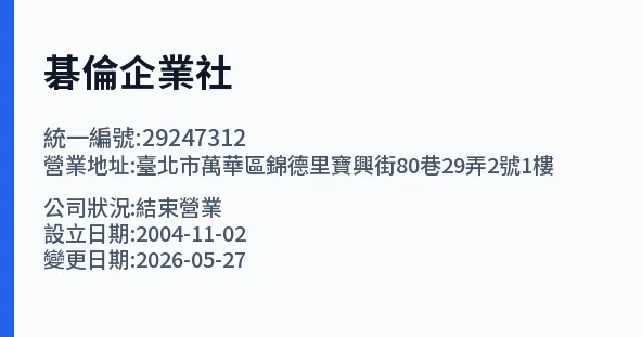 碁倫企業社的照片-統編 29247312(臺北市) 公司登記資料與營業項目詳細圖表
