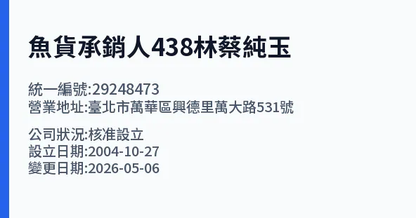 魚貨承銷人438林蔡純玉的照片-統編 29248473(臺北市) 公司登記資料與營業項目詳細圖表