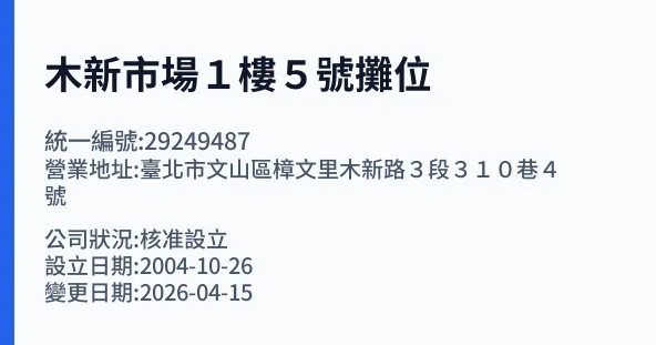 木新市場１樓５號攤位的照片-統編 29249487(臺北市) 公司登記資料與營業項目詳細圖表