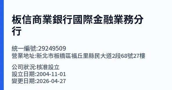 板信商業銀行國際金融業務分行的照片-統編 29249509(新北市) 公司登記資料與營業項目詳細圖表