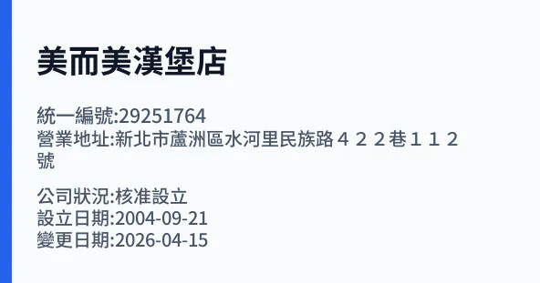 美而美漢堡店的照片-統編 29251764(新北市) 公司登記資料與營業項目詳細圖表