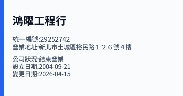 鴻曜工程行的照片-統編 29252742(新北市) 公司登記資料與營業項目詳細圖表