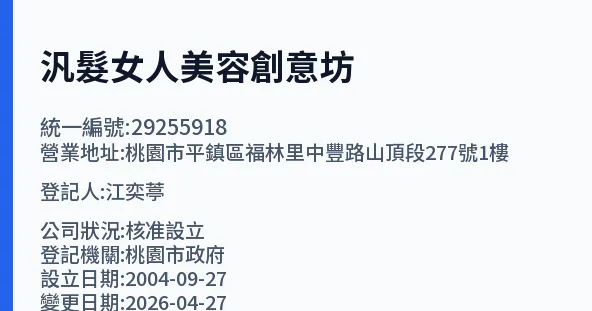 汎髮女人美容創意坊的照片-統編 29255918(桃園市) 公司登記資料與營業項目詳細圖表