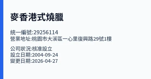麥香港式燒臘的照片-統編 29256114(桃園市) 公司登記資料與營業項目詳細圖表