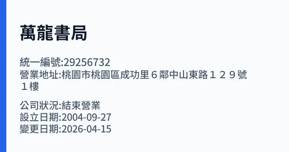 萬龍書局的照片-統編 29256732(桃園市) 公司登記資料與營業項目詳細圖表