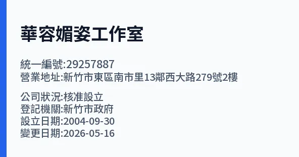 華容媚姿工作室的照片-統編 29257887(新竹市) 公司登記資料與營業項目詳細圖表