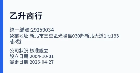 乙升商行的照片-統編 29259034(新北市) 公司登記資料與營業項目詳細圖表
