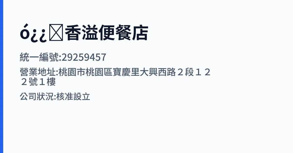 󿿇香溢便餐店 - 統編 29259457(桃園市) 公司登記資料與營業項目詳細圖表
