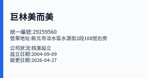 巨林美而美的照片-統編 29259560(新北市) 公司登記資料與營業項目詳細圖表