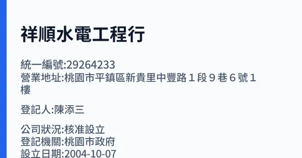 祥順水電工程行的照片-統編 29264233(桃園市) 公司登記資料與營業項目詳細圖表
