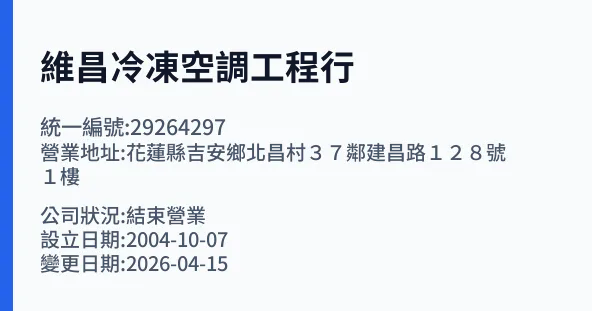維昌冷凍空調工程行的照片-統編 29264297(花蓮縣) 公司登記資料與營業項目詳細圖表