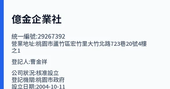 億金企業社的照片-統編 29267392(桃園市) 公司登記資料與營業項目詳細圖表
