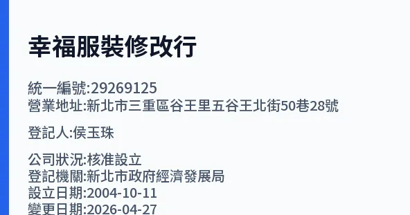 幸福服裝修改行的照片-統編 29269125(新北市) 公司登記資料與營業項目詳細圖表