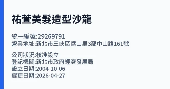 祐萱美髮造型沙龍的照片-統編 29269791(新北市) 公司登記資料與營業項目詳細圖表