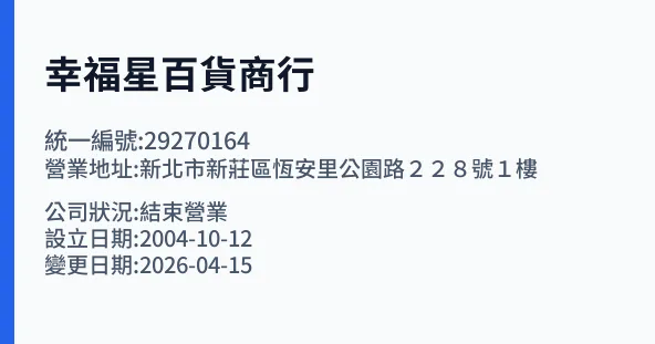 幸福星百貨商行的照片-統編 29270164(新北市) 公司登記資料與營業項目詳細圖表