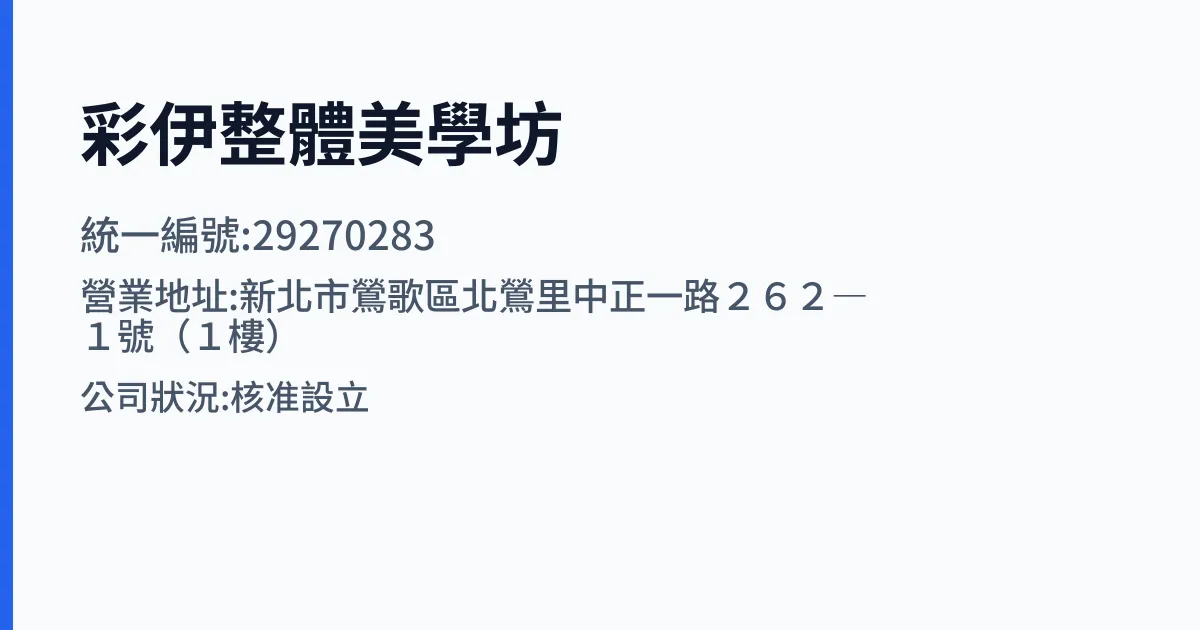 彩伊整體美學坊 - 統編 29270283(新北市) 公司登記資料與營業項目詳細圖表