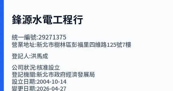 鋒源水電工程行的照片-統編 29271375(新北市) 公司登記資料與營業項目詳細圖表