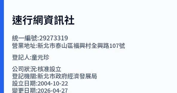 速行網資訊社的照片-統編 29273319(新北市) 公司登記資料與營業項目詳細圖表