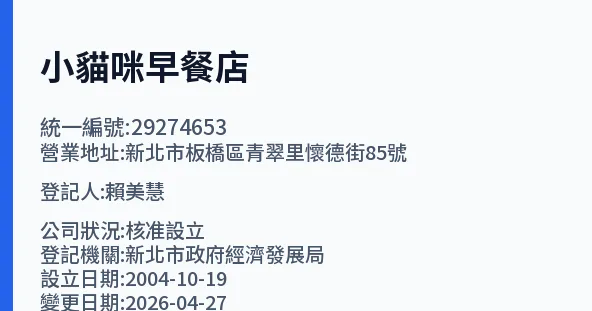 小貓咪早餐店的照片-統編 29274653(新北市) 公司登記資料與營業項目詳細圖表