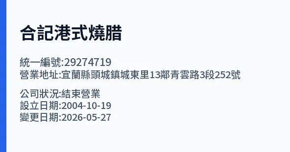 合記港式燒腊的照片-統編 29274719(宜蘭縣) 公司登記資料與營業項目詳細圖表