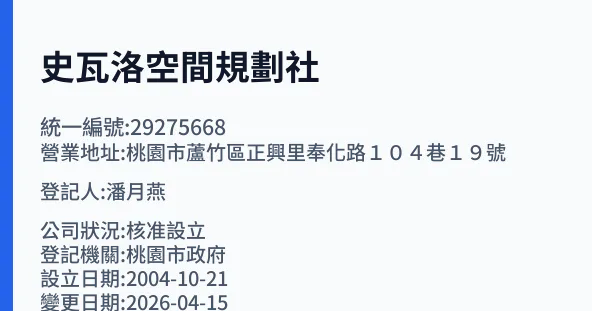史瓦洛空間規劃社的照片-統編 29275668(桃園市) 公司登記資料與營業項目詳細圖表