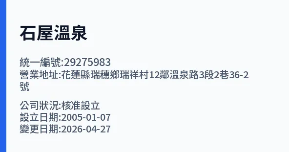石屋溫泉的照片-統編 29275983(花蓮縣) 公司登記資料與營業項目詳細圖表
