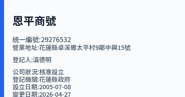 恩平商號的照片-統編 29276532(花蓮縣) 公司登記資料與營業項目詳細圖表