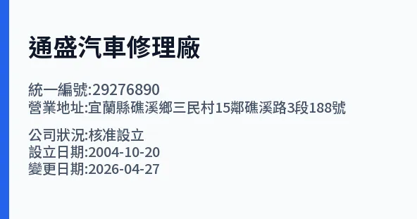 通盛汽車修理廠的照片-統編 29276890(宜蘭縣) 公司登記資料與營業項目詳細圖表