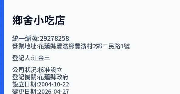 鄉舍小吃店的照片-統編 29278258(花蓮縣) 公司登記資料與營業項目詳細圖表